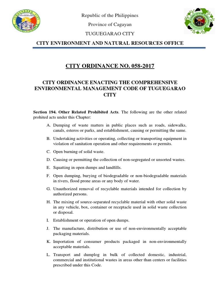 CITY ORDINANCE NO. 058-2017: City Environment and Natural Resources ...