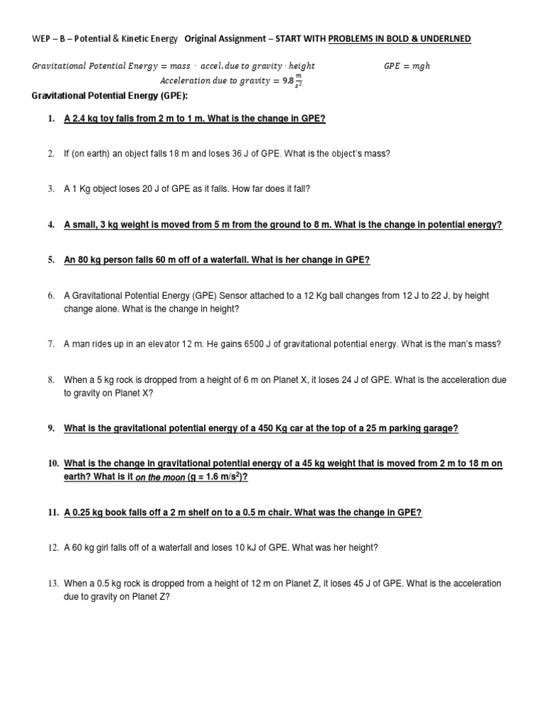 WEP - B - Potential & Kinetic Energy Original Assignment | PDF ...
