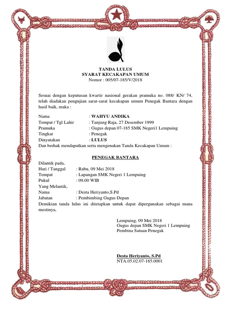 Piagam Tanda Lulus Pramuka | PDF