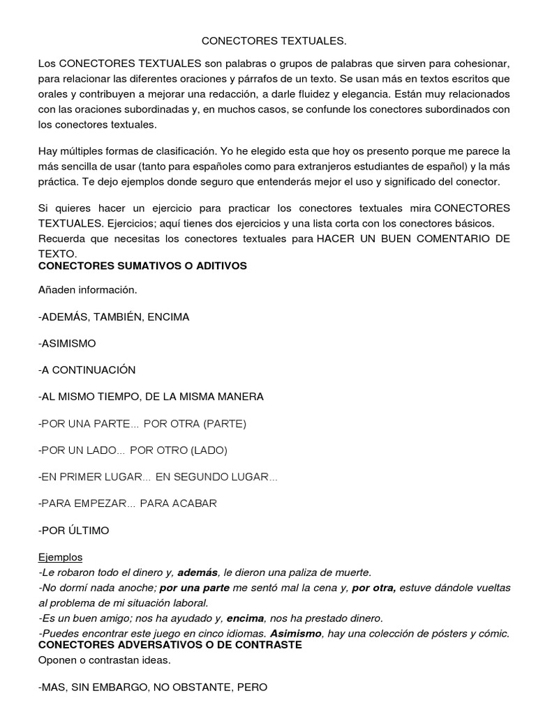 Conectores Sumativos O Aditivos