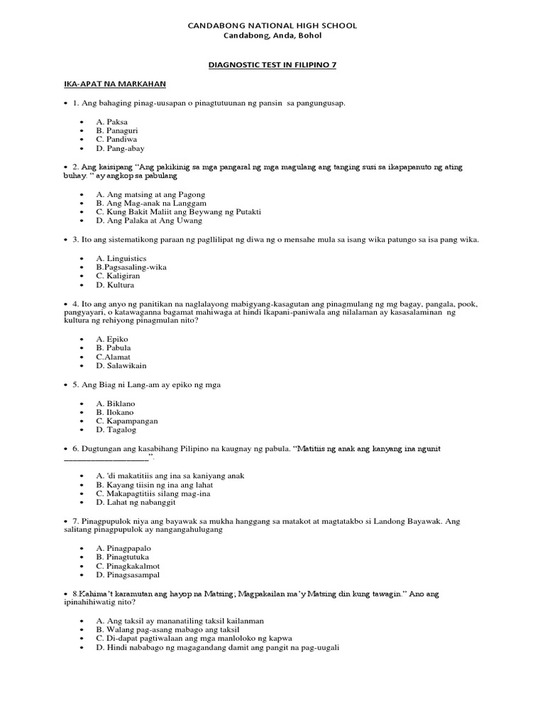 Diagnostic Test in Filipino 2019 | PDF