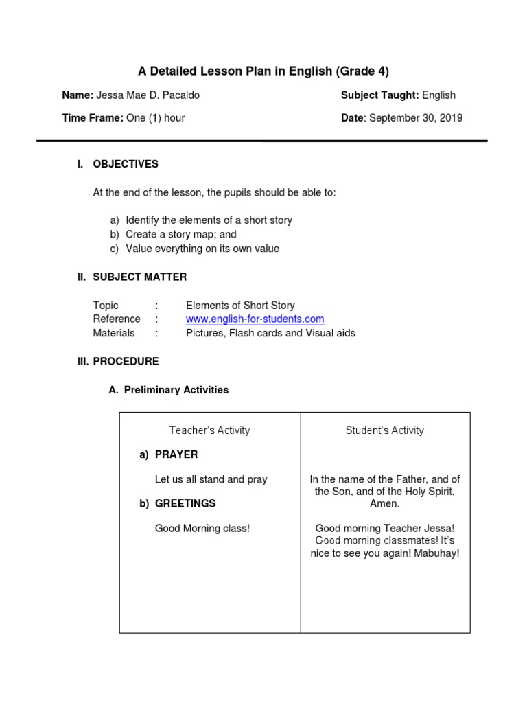 Detailed English Lesson Plan for Grade 4 | PDF | Lion