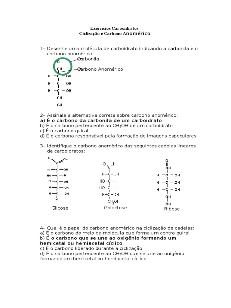 Exercícios Ciclização e Anomérico | PDF | Carboidratos | Compostos químicos