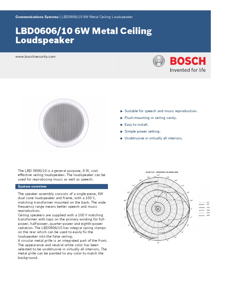 Bosch Lbd0606!10!6w Metal Ceiling Loudspeaker | PDF | Loudspeaker | Transformer