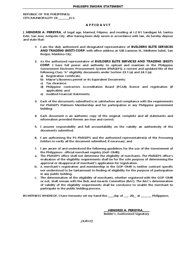 Philgeps Sworn Statement | PDF | Government | Government Information