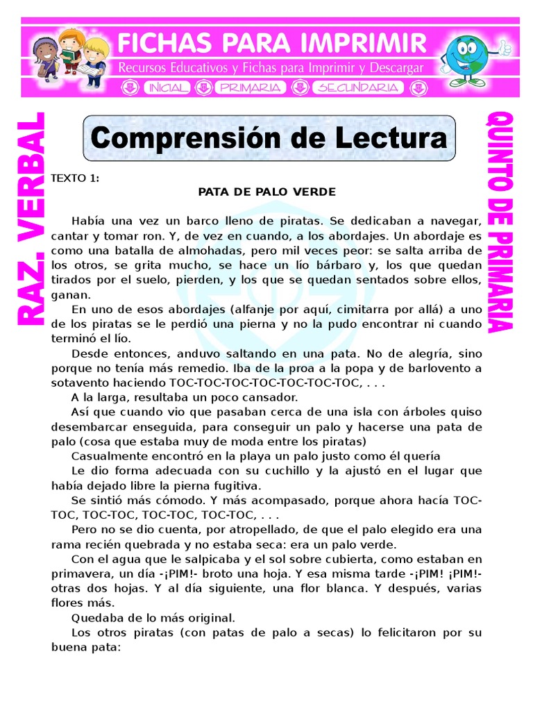 Comprensión de Lecturas para Quinto de Primaria | PDF | Piratería ...