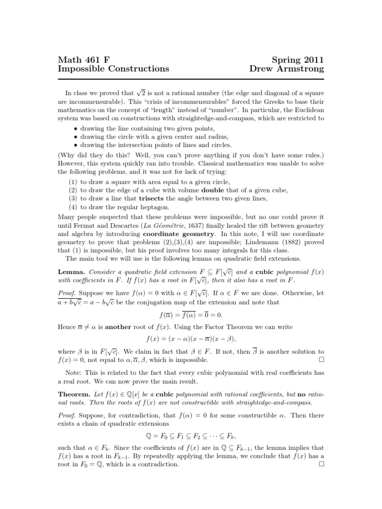 Math 461 F Spring 2011 Impossible Constructions Drew Armstrong | PDF ...