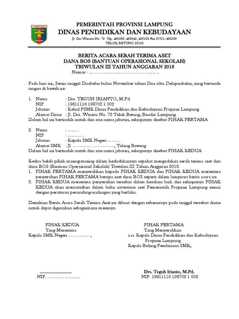 Contoh BAST Aset BOS SMKN Dan SMKS | PDF