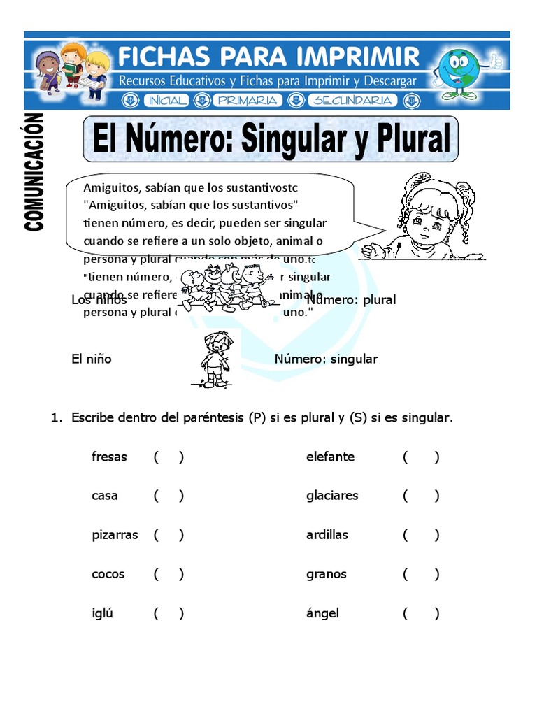 Ficha de Singular y Plural para Primero de Primaria | PDF