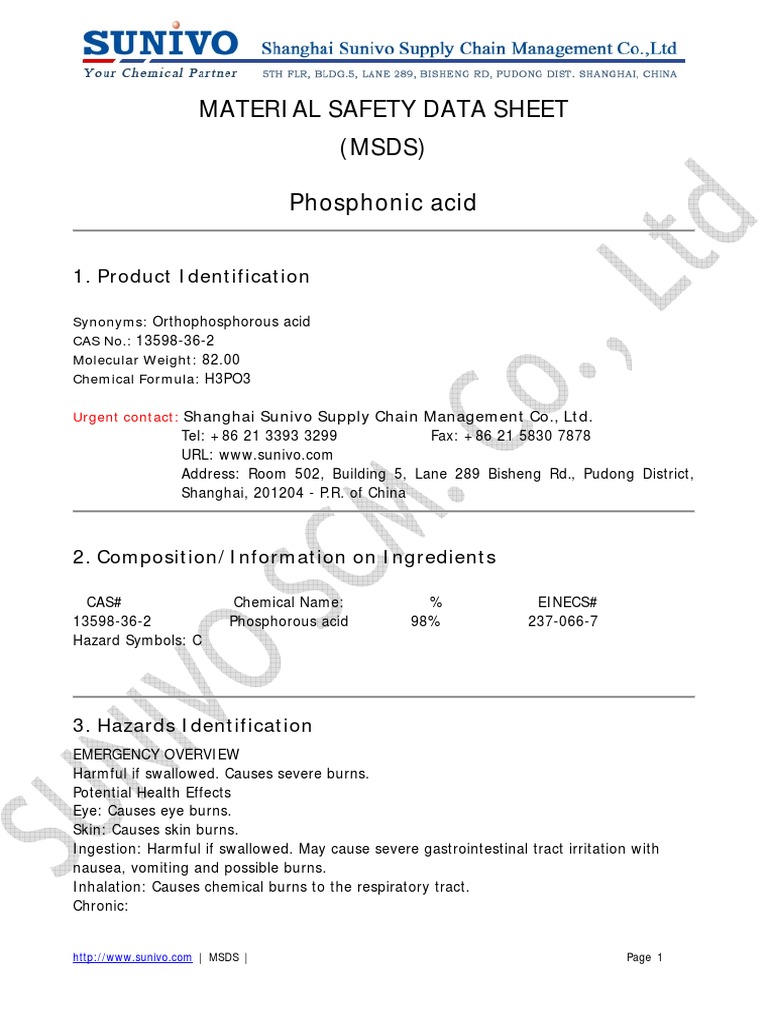 Material Safety Data Sheet (MSDS) Phosphonic Acid: 1. Product ...