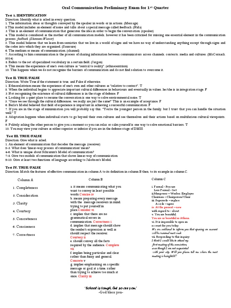 Oral Communication Preliminary Exam | PDF | Human Communication | Communication
