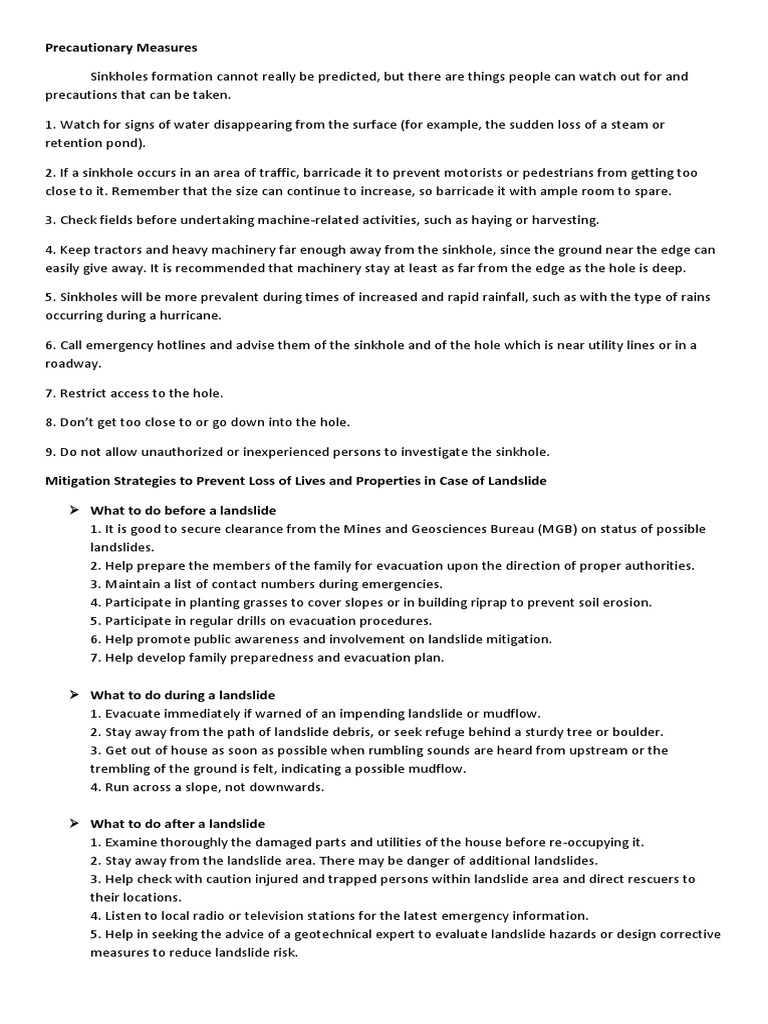 Precautionary Measures | PDF | Landslide | Sinkhole