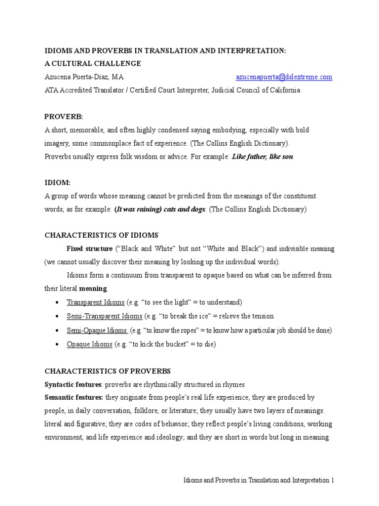 Idioms and Proverbs in Translation and Interpretation: A Cultural ...