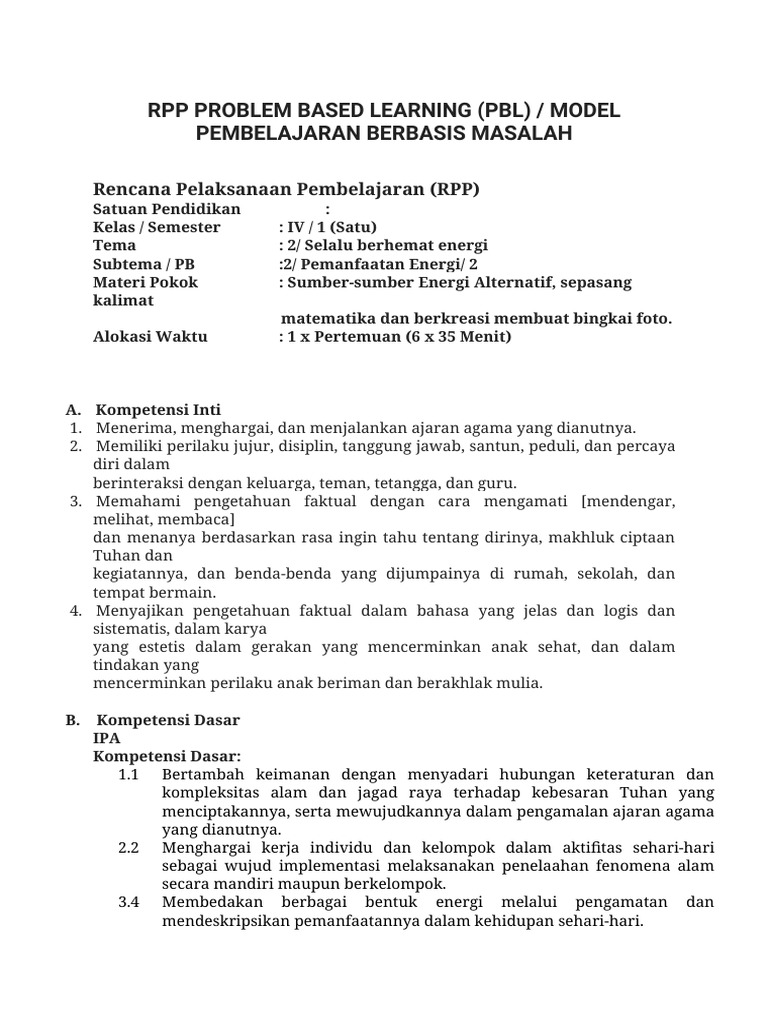 RPP PROBLEM BASED LEARNING Kls 4 PDF | PDF | Karier & Perkembangan ...