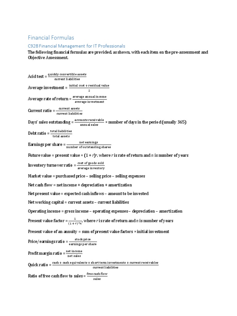 Financial Formulas | PDF | Net Income | Present Value