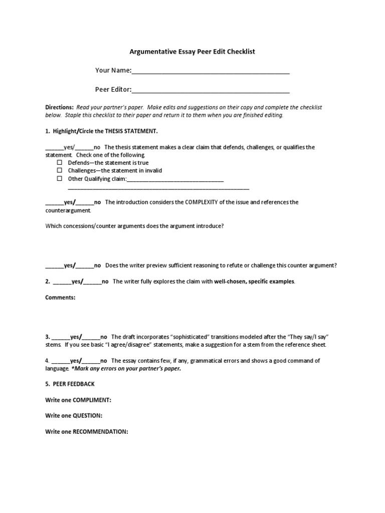 Argumentative Essay Peer Edit Checklist | PDF