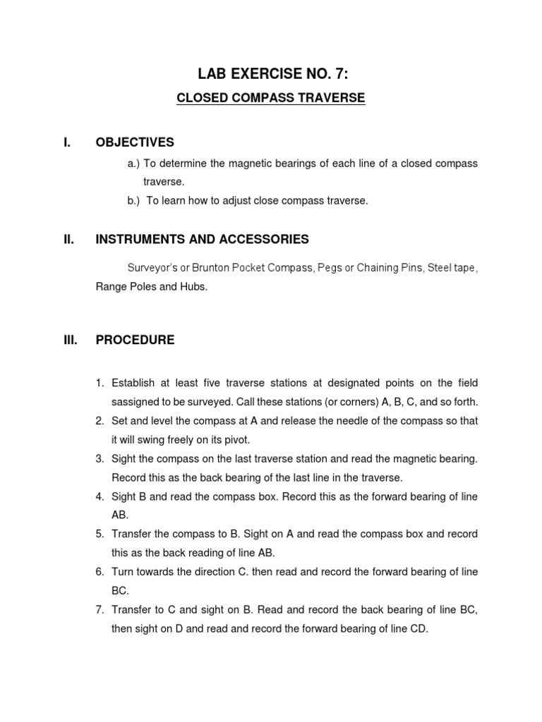 Lab Exercise No. 7:: Closed Compass Traverse | PDF | Compass | Surveying