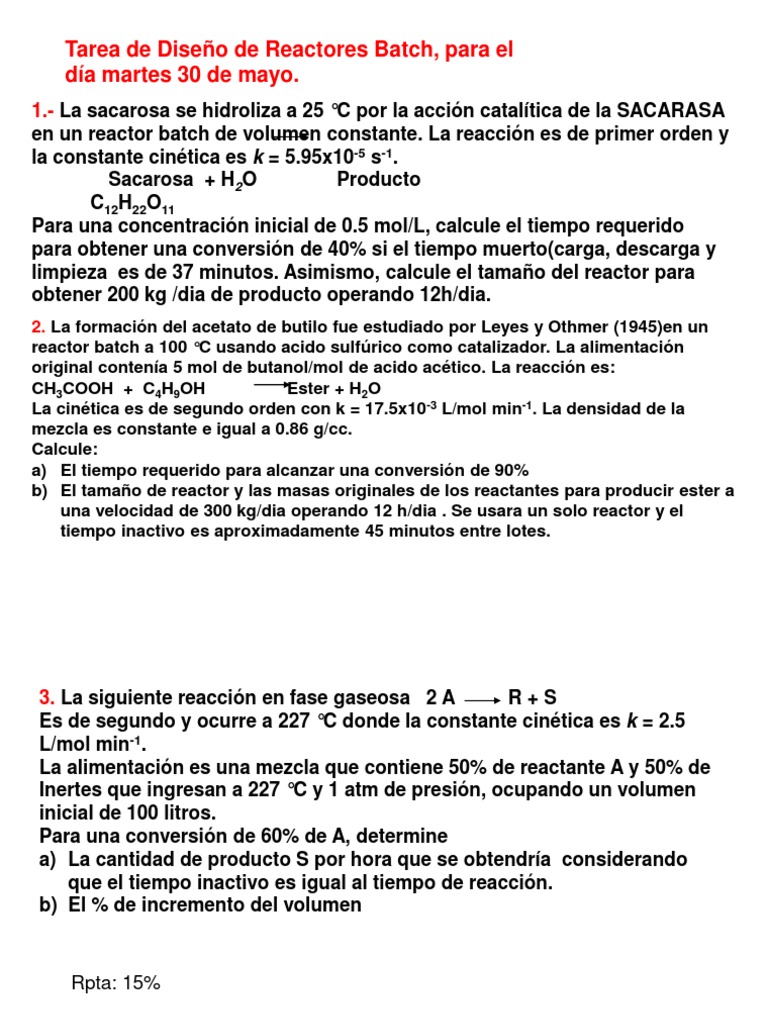 Tarea de Fundamentos de Diseño de Reactores | PDF | Reactor Quimico | Cinética química