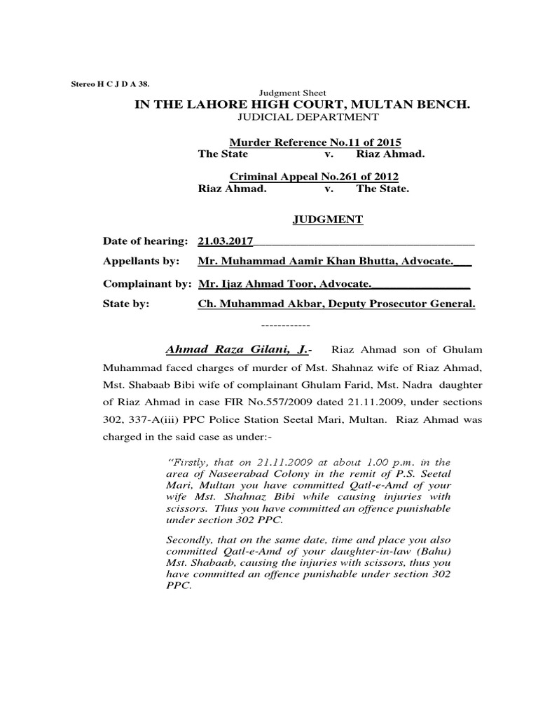 In The Lahore High Court, Multan Bench.: Ahmad Raza Gilani, J | PDF ...