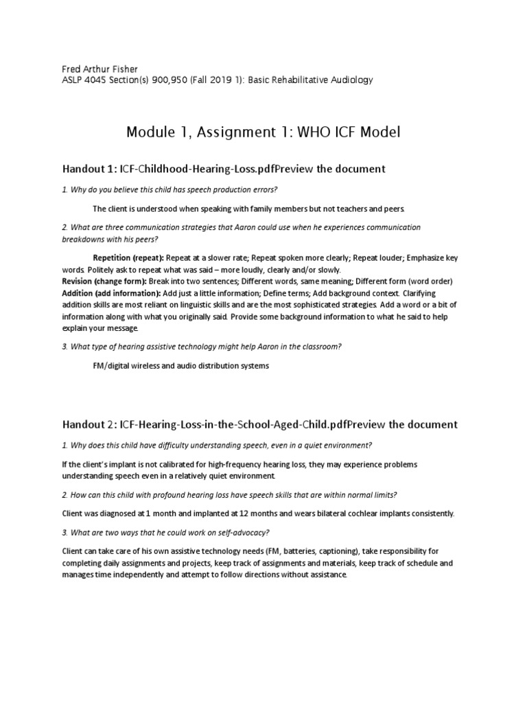 Module 1, Assignment 1 WHO ICF Model | PDF | Vertigo | Hearing Loss Module 1, Assignment 1 WHO ICF Model | PDF | Vertigo | Hearing Loss