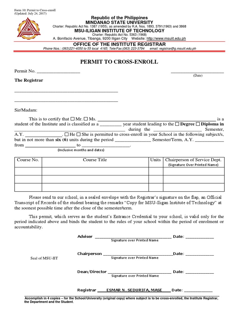 Permit To Cross-Enroll: Office of The Institute Registrar | PDF