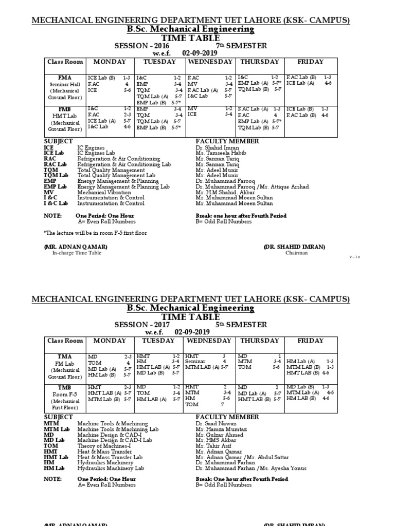 UET Lahore Mechanical Engg Timetable | PDF | Applied And ...