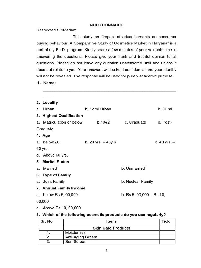 16 Questionnaire | PDF | Cosmetics | Advertising