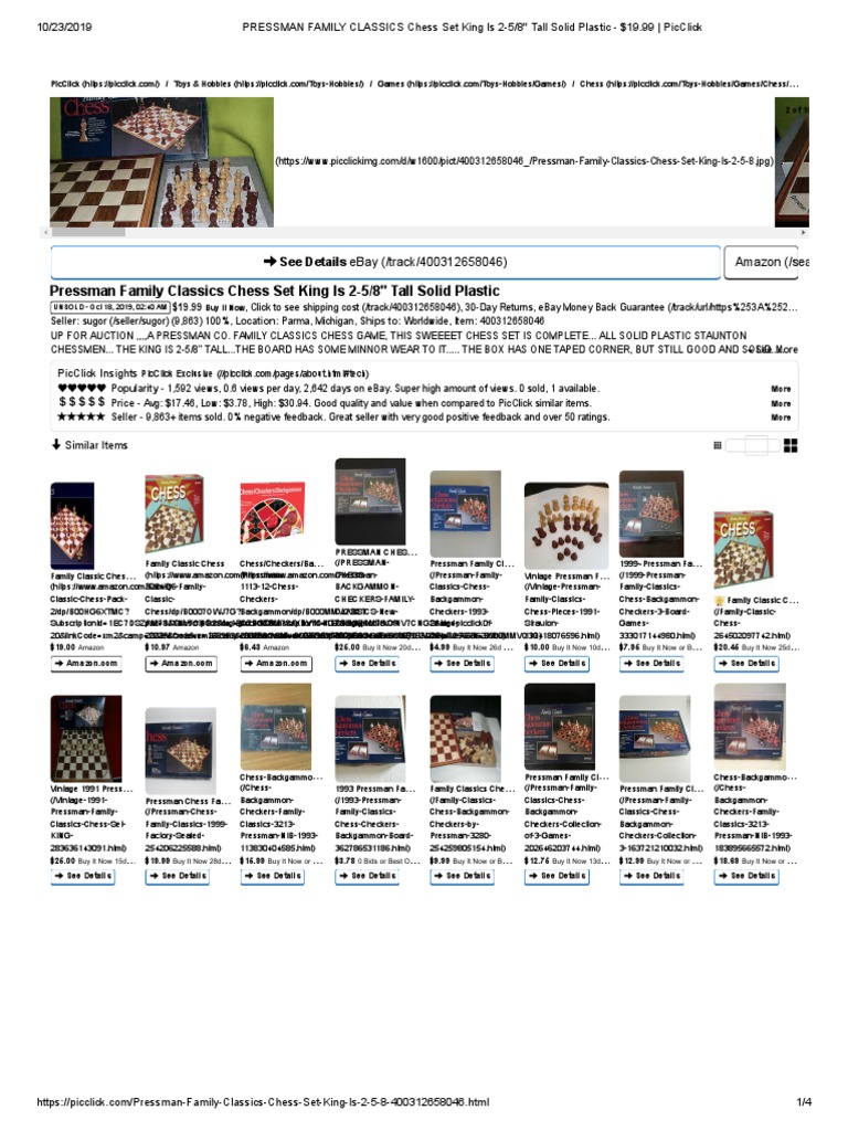 Pressman Family Classics Chess Set King Is 2-5/8" Tall Solid Plastic ...