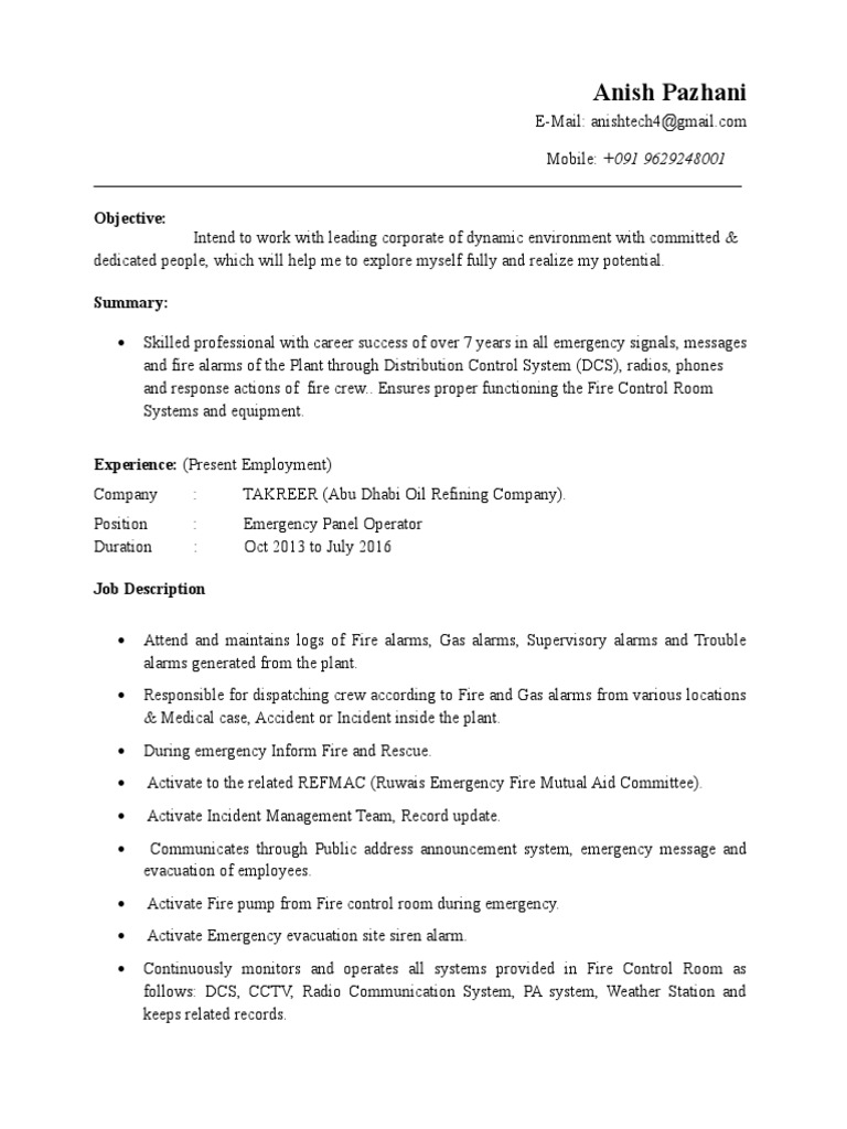 Anish Pazhani's Resume | PDF | Emergency | Fire Sprinkler System
