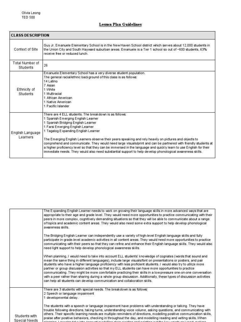 Lesson Plan Guidelines: Class Description | PDF | Special Education ...