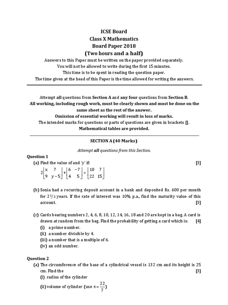 ICSE Board Class X Mathematics Board Paper 2018 (Two Hours and A Half ...