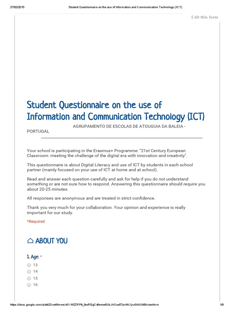 Questionnaire Student Questionnaire On The Use of Information and ...