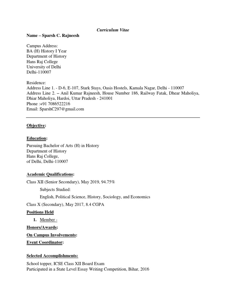 Name - Sparsh C. Rajneesh: Curriculum Vitae | PDF