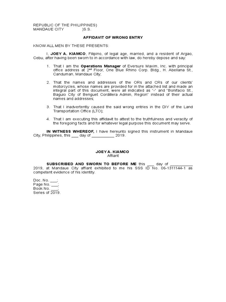 Affidavit of Wrong Entry Eversure | PDF