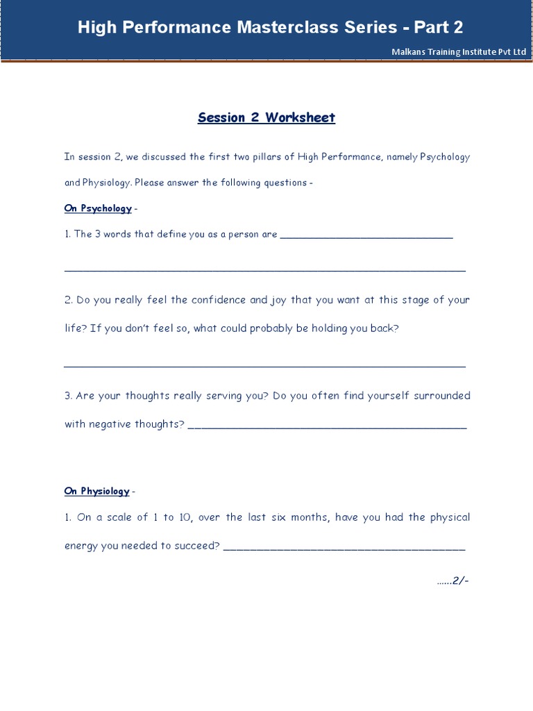 High Performance Session #2 Worksheet | PDF | Career & Growth | Self ...