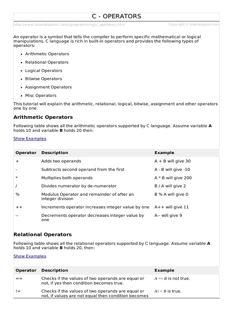 C Operators PDF | PDF | Computer Programming | Notation