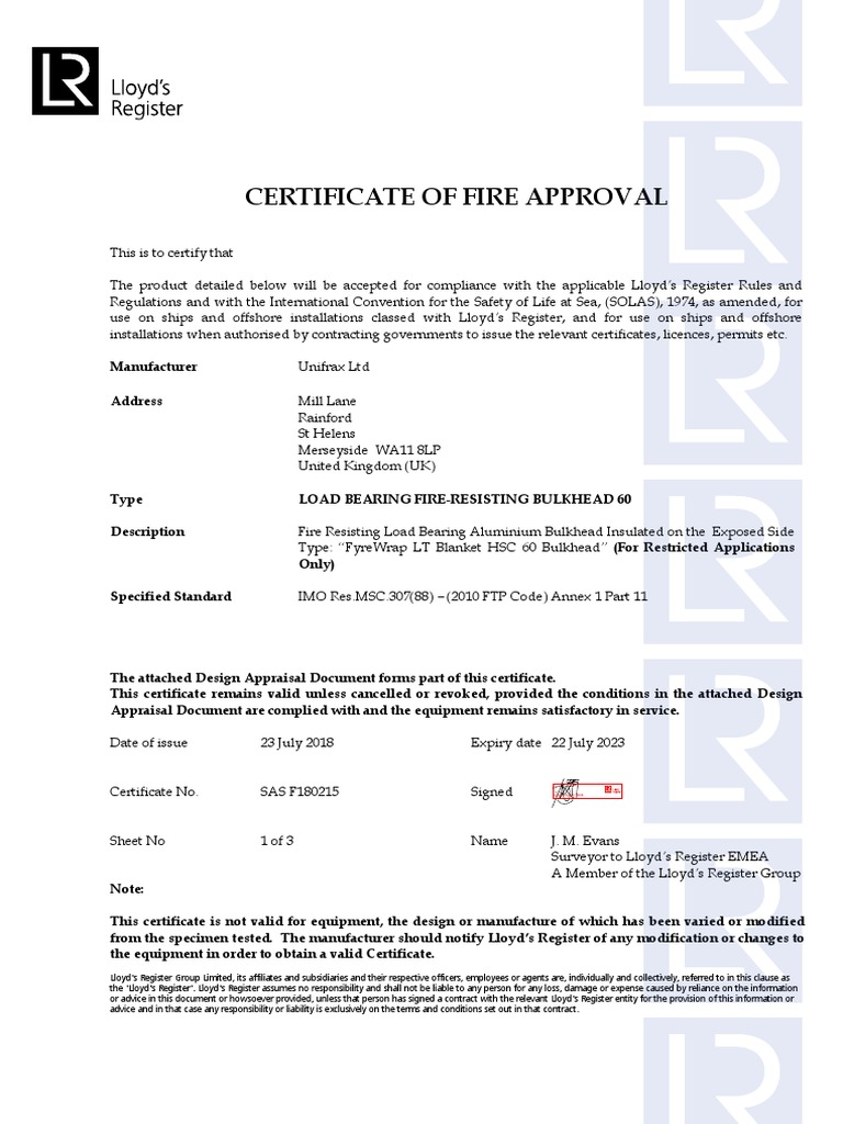 HSC FyreWrap LT HSC 60 Min Bulkhead Restricted Certificate | PDF | Business