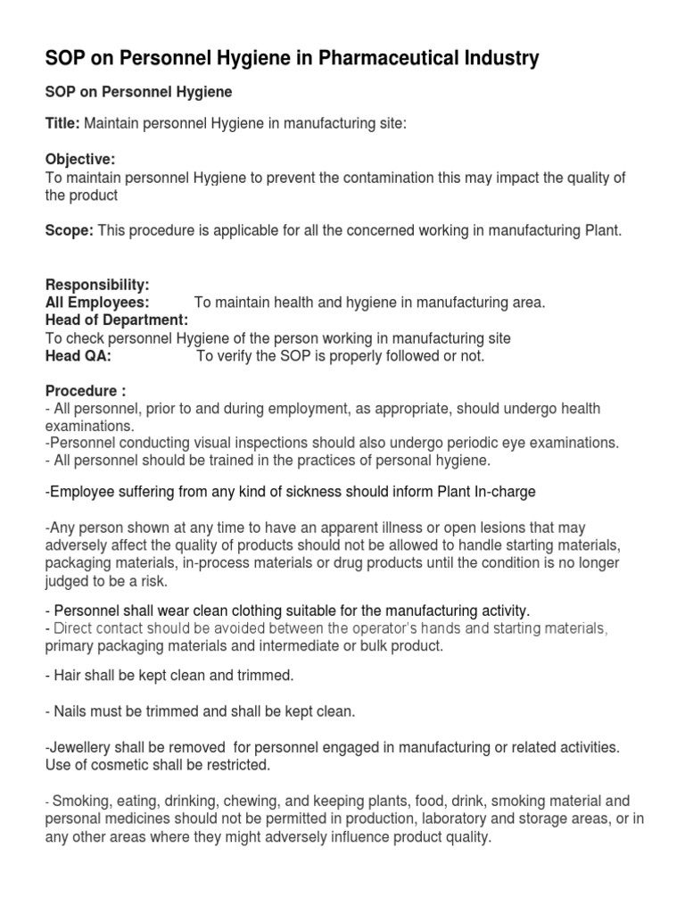 Personnel Hygiene SOP for Pharma Industry | PDF | Science & Mathematics