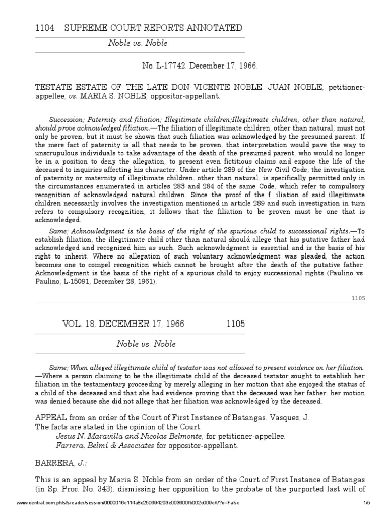 Noble vs. Noble 18 SCRA 1104, December 17, 1966 | PDF | Will And ...