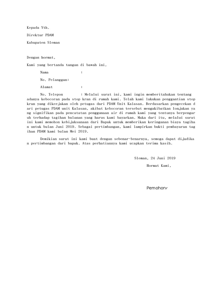 Surat Permohonan Keringanan PDAM | PDF