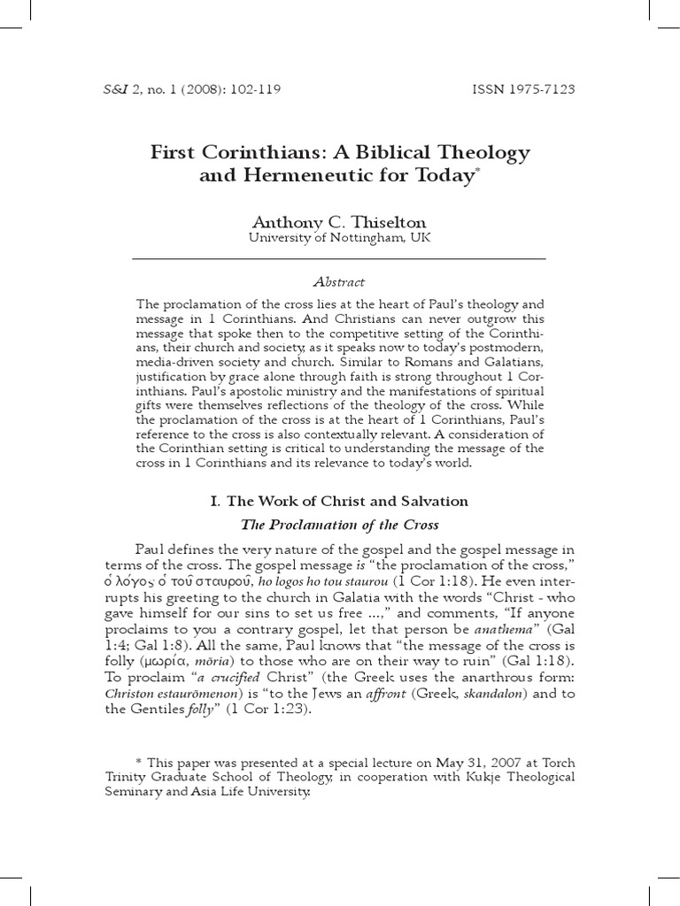 A Thiselton - First Corinthians A Biblical Theology and Hermeneutic For ...