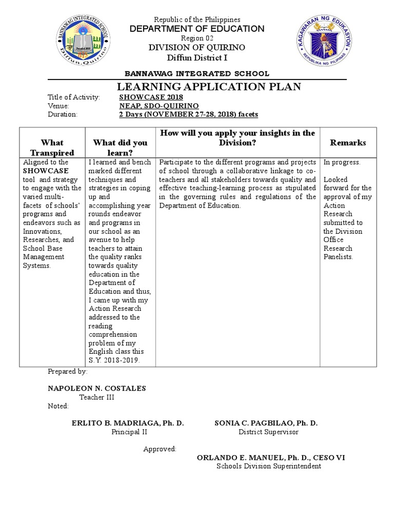 Showcase 2018 Learning Application Plan | PDF | Behavior Modification ...