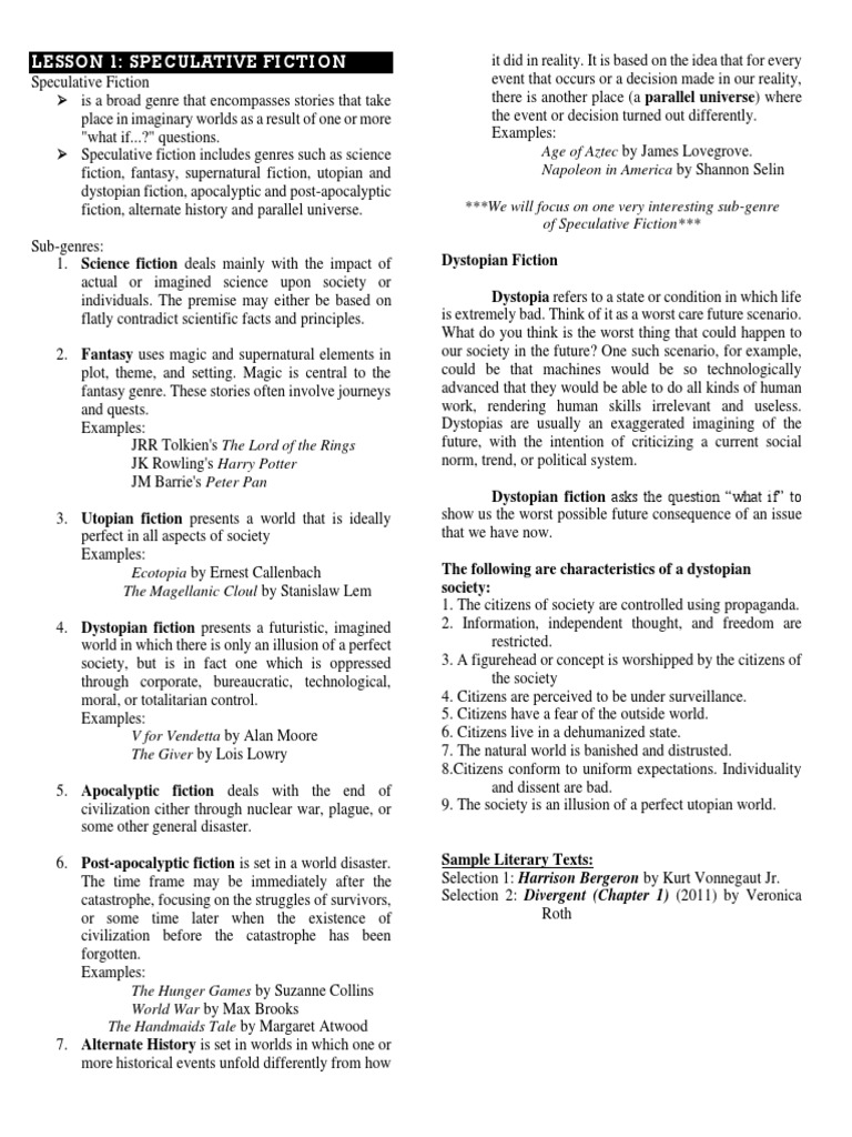 Lesson 1: Speculative Fiction: Dystopian Fiction Dystopia Refers To A ...