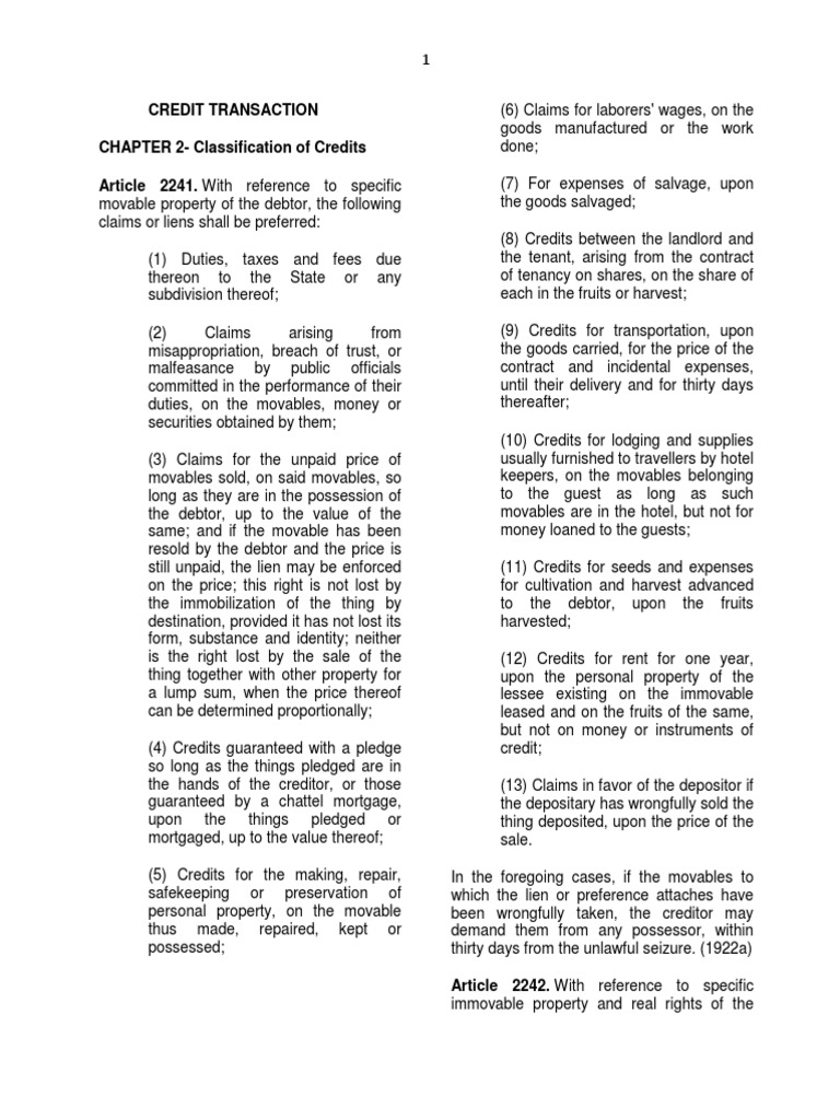 Credit Transaction CHAPTER 2-Classification of Credits Article 2241 ...