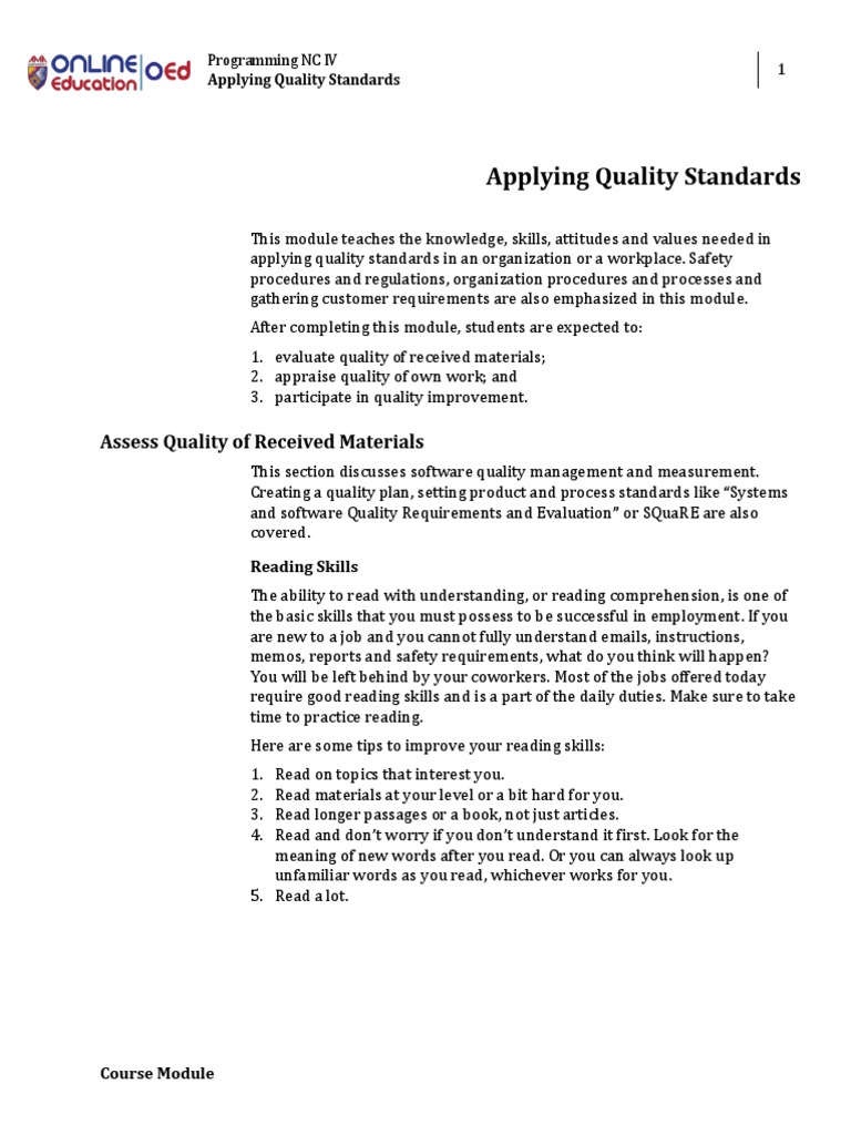 Applying Quality Standards: Assess Quality of Received Materials ...