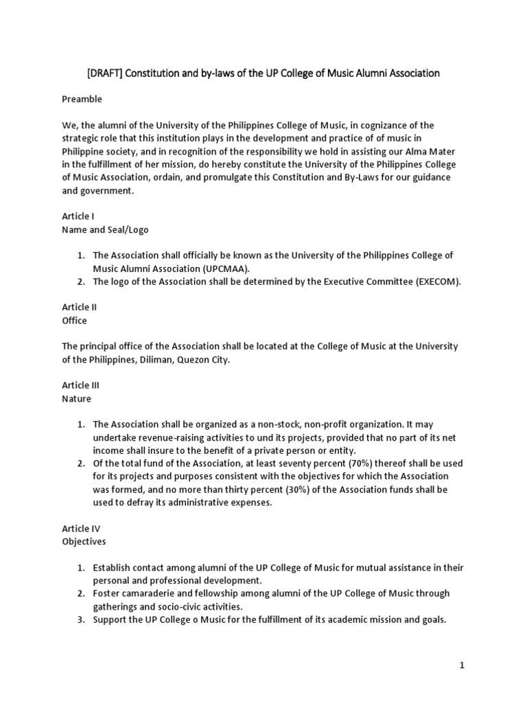 (DRAFT) Constitution and By-Laws of The UP College of Music Alumni ...