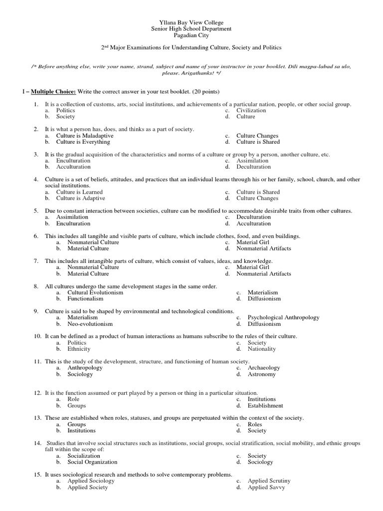 Test Paper UCSP 2nd Grading Final | PDF | Deviance (Sociology) | Sociology