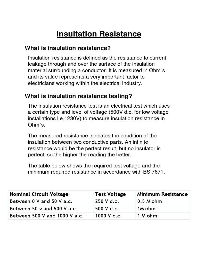 Insultation Resistance: What Is Insulation Resistance? | PDF