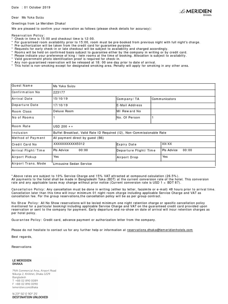 Hotel Booking Letter | PDF | Credit Card | Fee