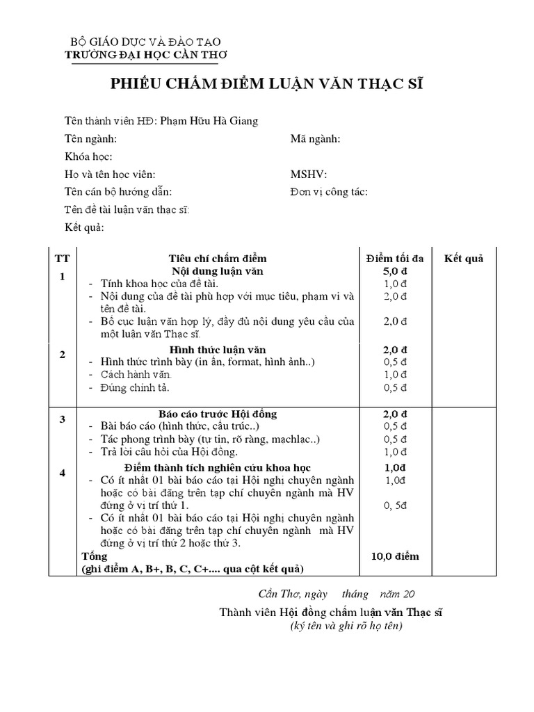 Phieu Cham Diem | PDF